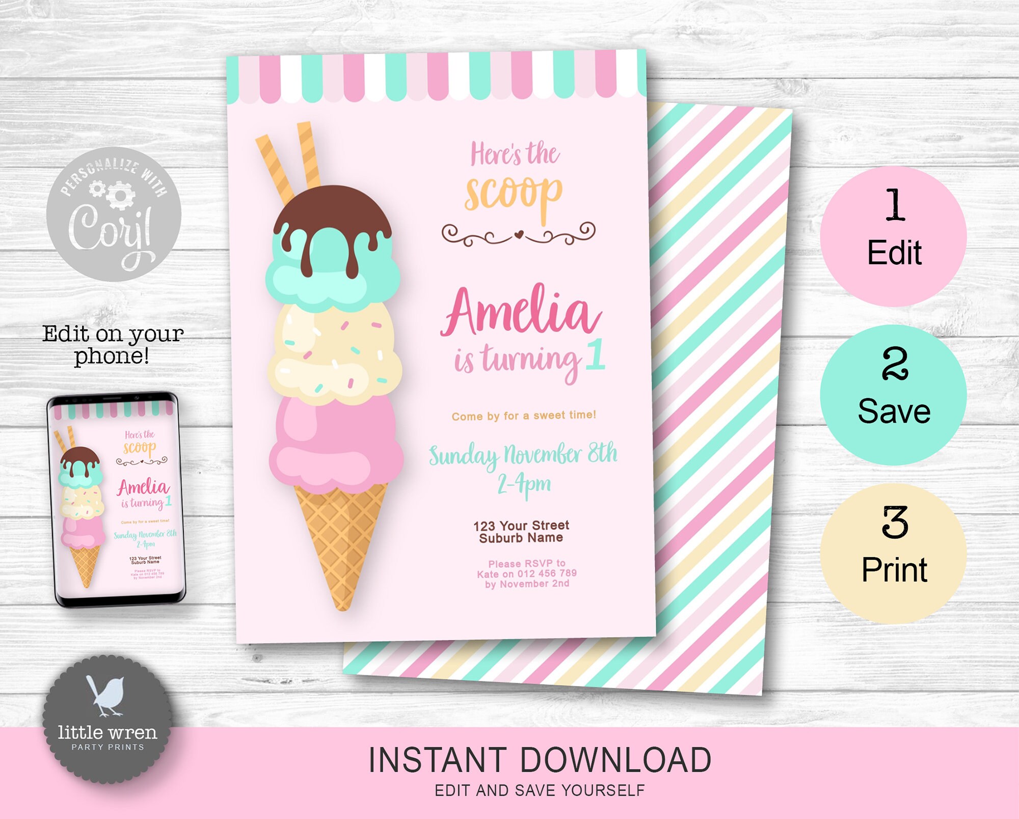 Ice cream Party Invitation INSTANT DOWNLOAD Two sweet | Etsy