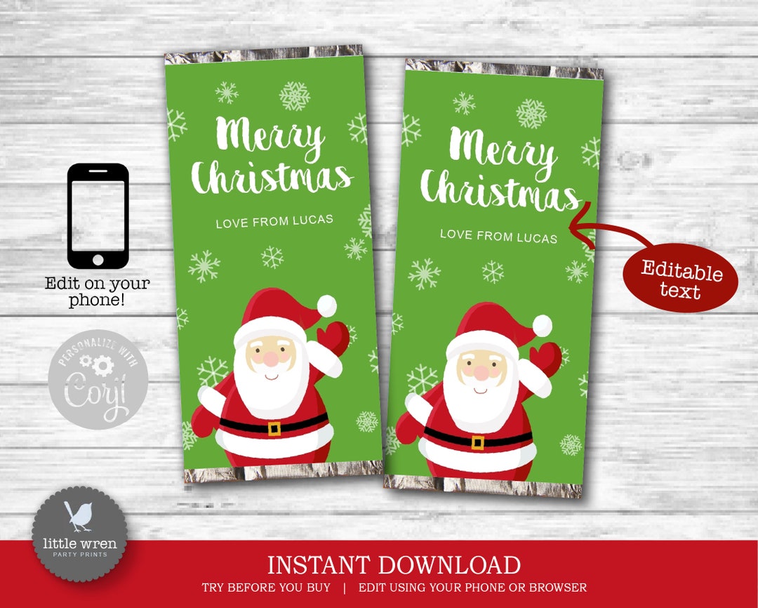 Christmas Chocolate Wrapper, Green Santa, INSTANT DOWNLOAD ...
