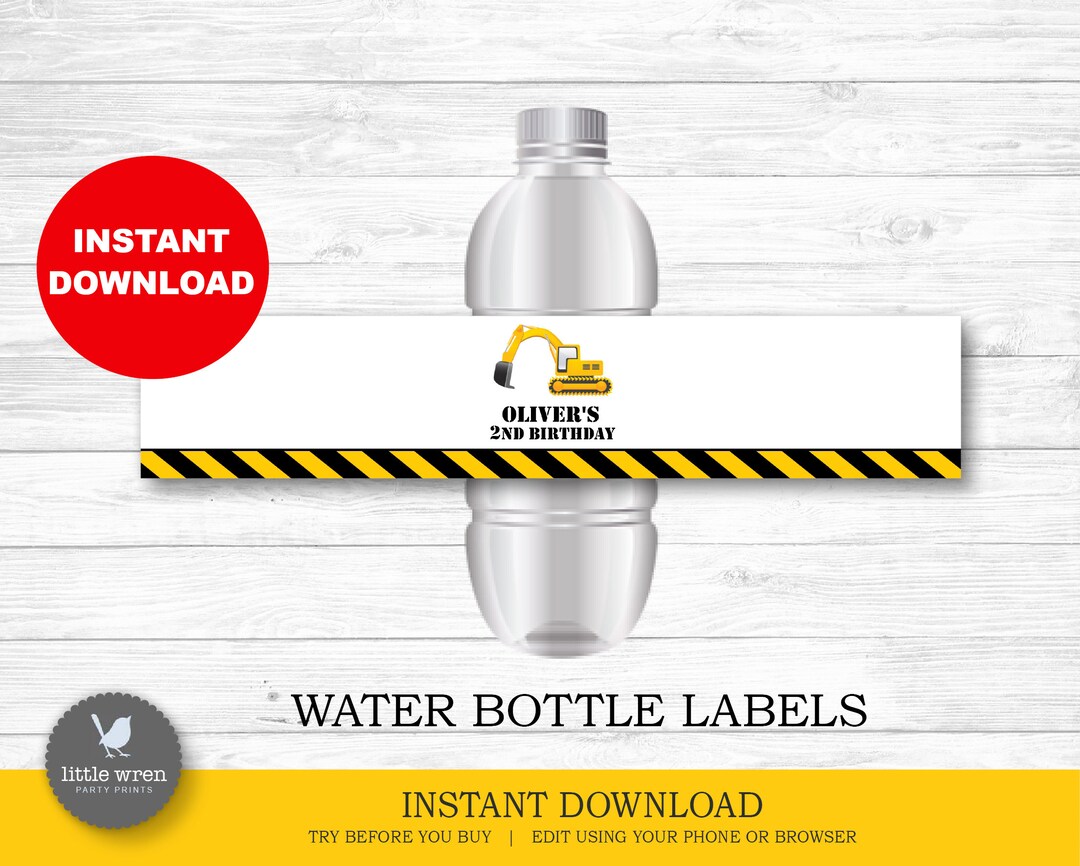 Construction Water Bottle Labels, INSTANT DOWNLOAD, Construction ...