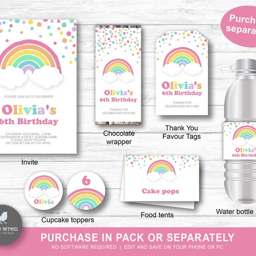 Pastel Rainbow Water Bottle Labels EDITABLE Rainbow Party - Etsy