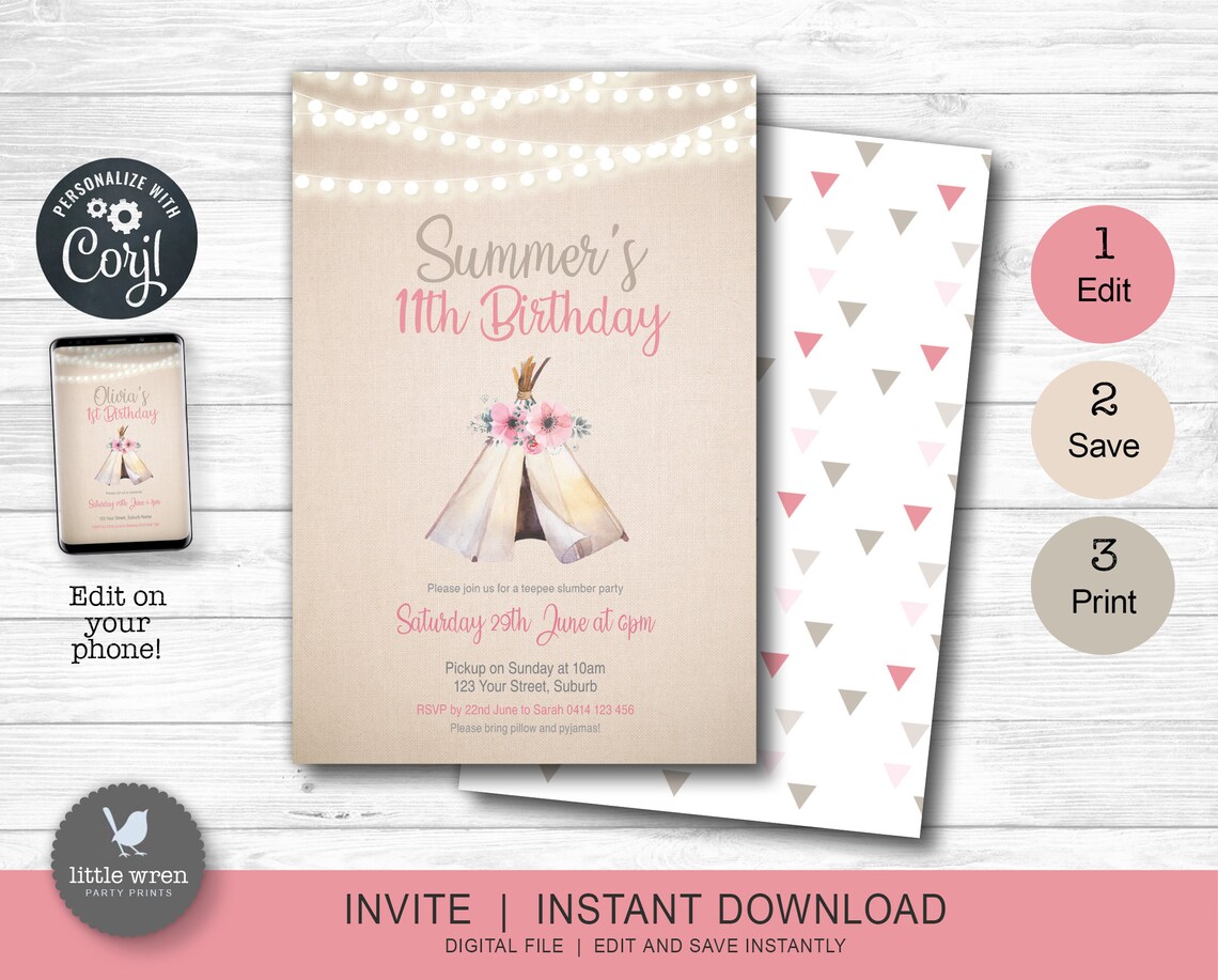 Boho Birthday Invitation INSTANT DOWNLOAD Teepee Invitation - Etsy