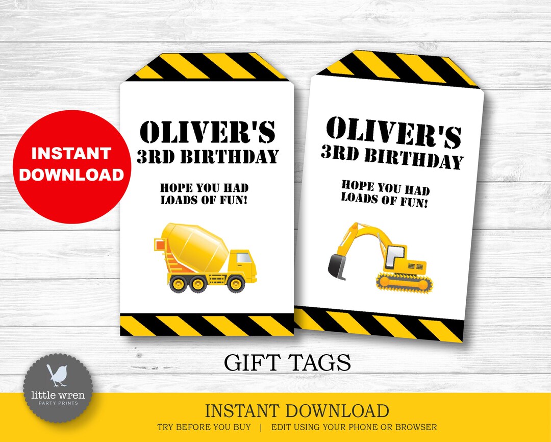 Construction Gift Tag, Thank You Tag, INSTANT DOWNLOAD, Construction ...
