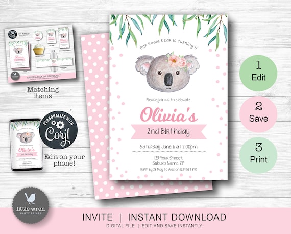 Koala Invitation INSTANT DOWNLOAD Koala Birthday Party - Etsy