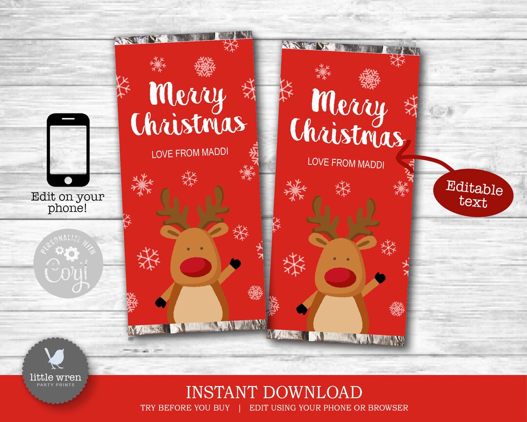 Christmas Chocolate Wrapper, Red Rudolph, INSTANT DOWNLOAD ...
