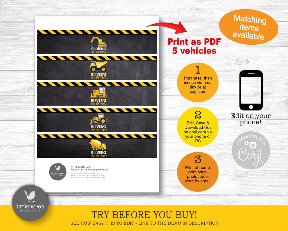 Construction Party Water Bottle Labels INSTANT DOWNLOAD - Etsy