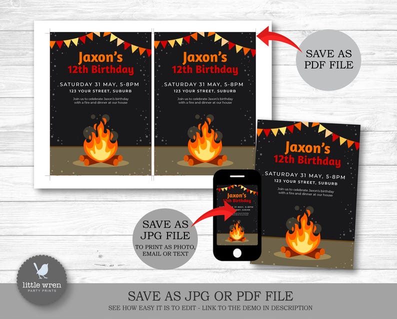Fire Invitation, INSTANT DOWNLOAD, Backyard Fire, Floral, Fiesta, Boys ...
