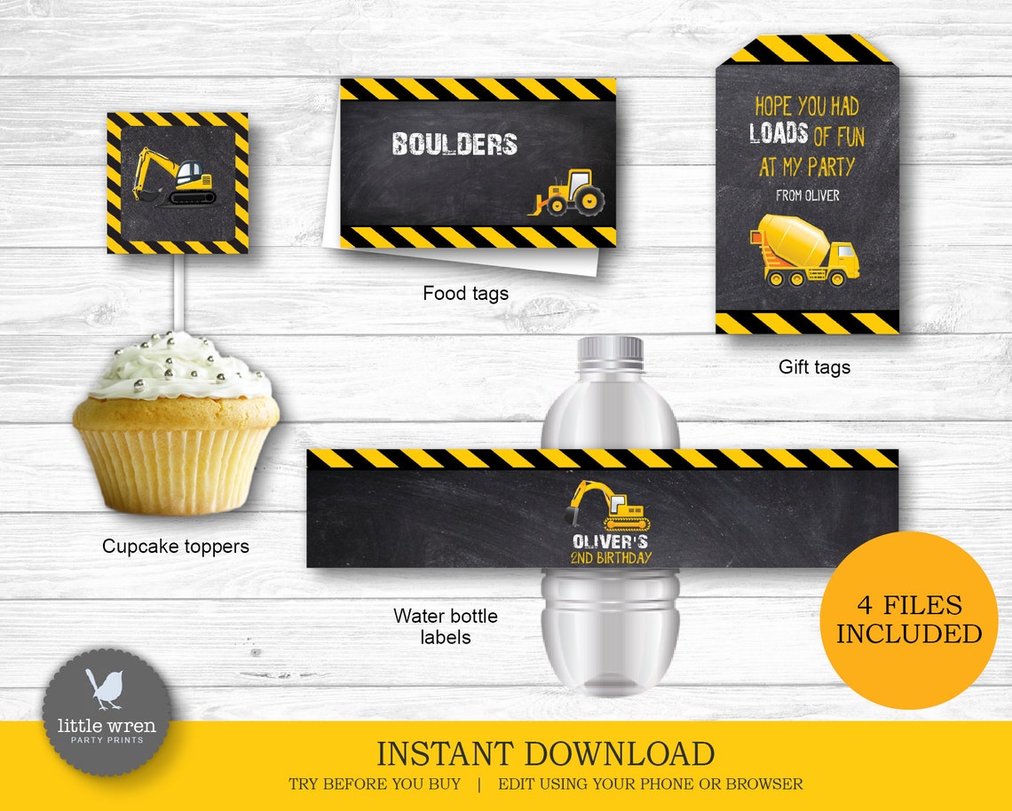 Construction Party Water Bottle Labels, INSTANT DOWNLOAD, Drink ...