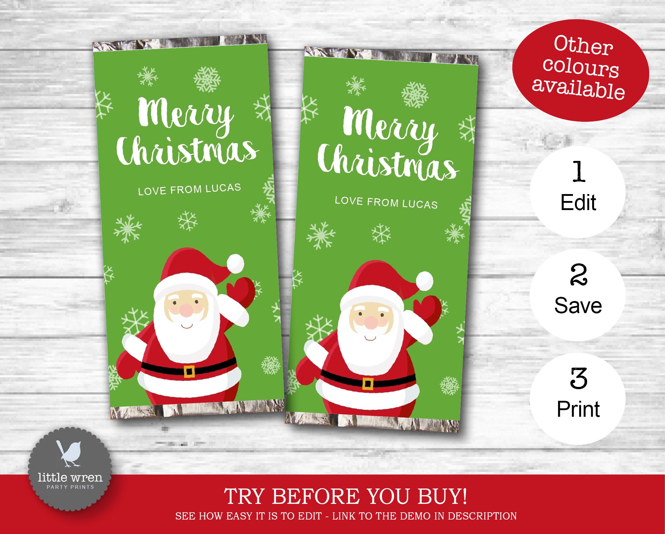 Christmas Chocolate Wrapper, Green Santa, INSTANT DOWNLOAD ...