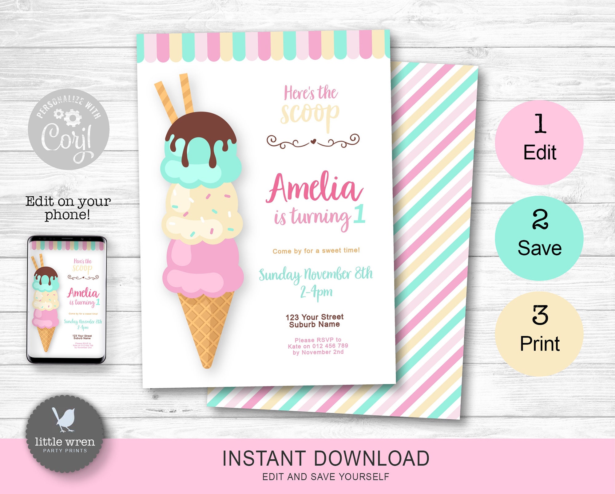 Ice cream Party Invitation INSTANT DOWNLOAD Two sweet | Etsy