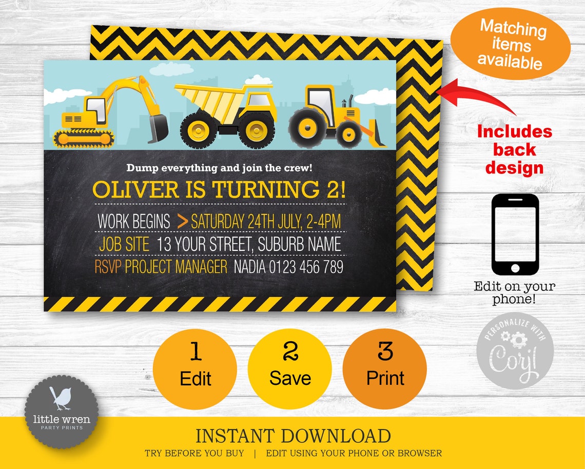 Construction Invitation INSTANT DOWNLOAD Construction | Etsy