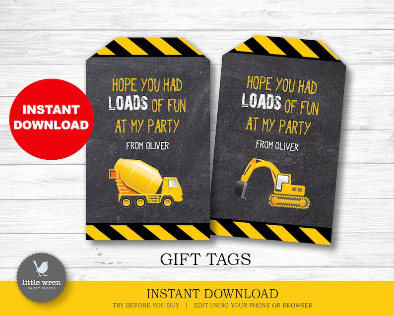 Construction Party Gift Tags, INSTANT DOWNLOADS, Construction Birthday ...