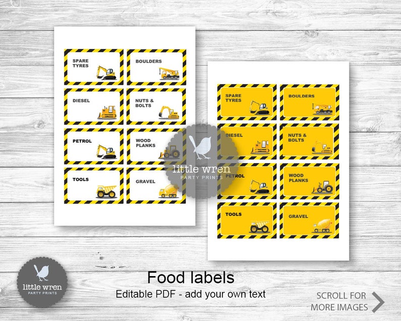 Instant Download, Construction Party Food Labels, Construction Food ...