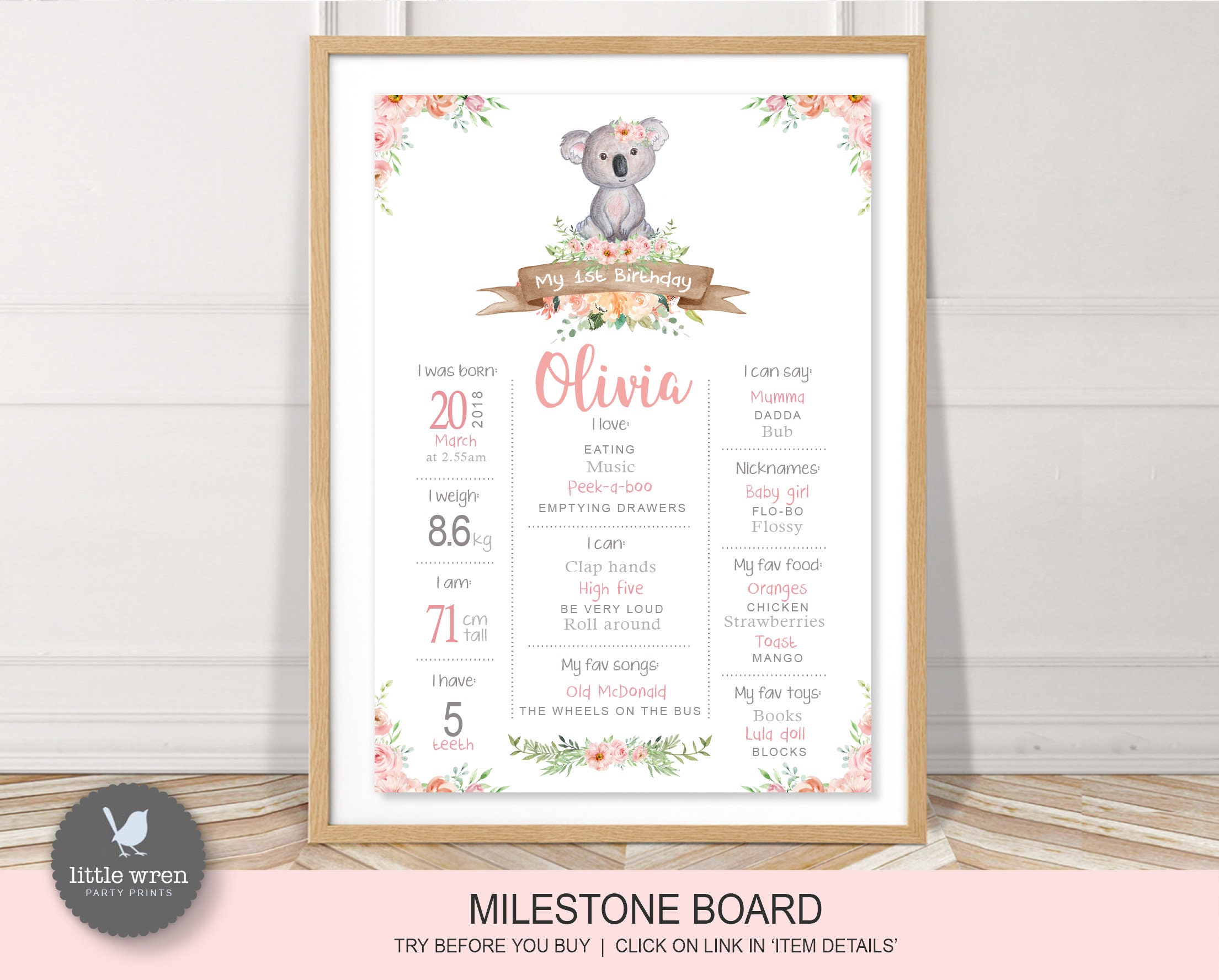 Koala Birthday Party Milestone Board, Australian, Floral, First ...