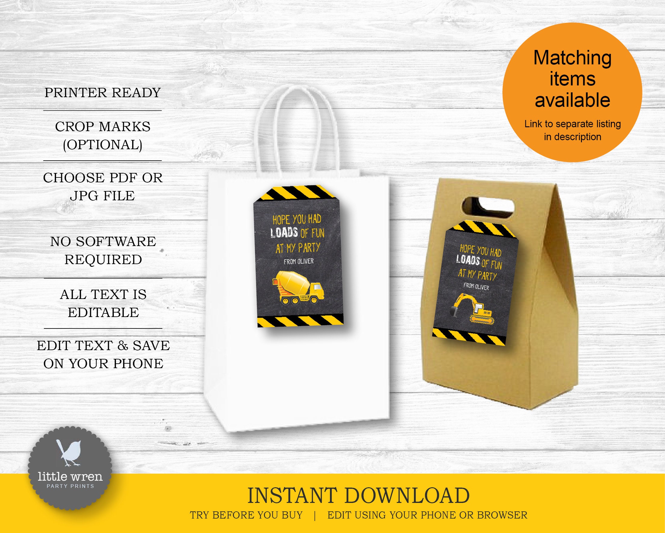 Construction party gift tags INSTANT DOWNLOADS Construction | Etsy