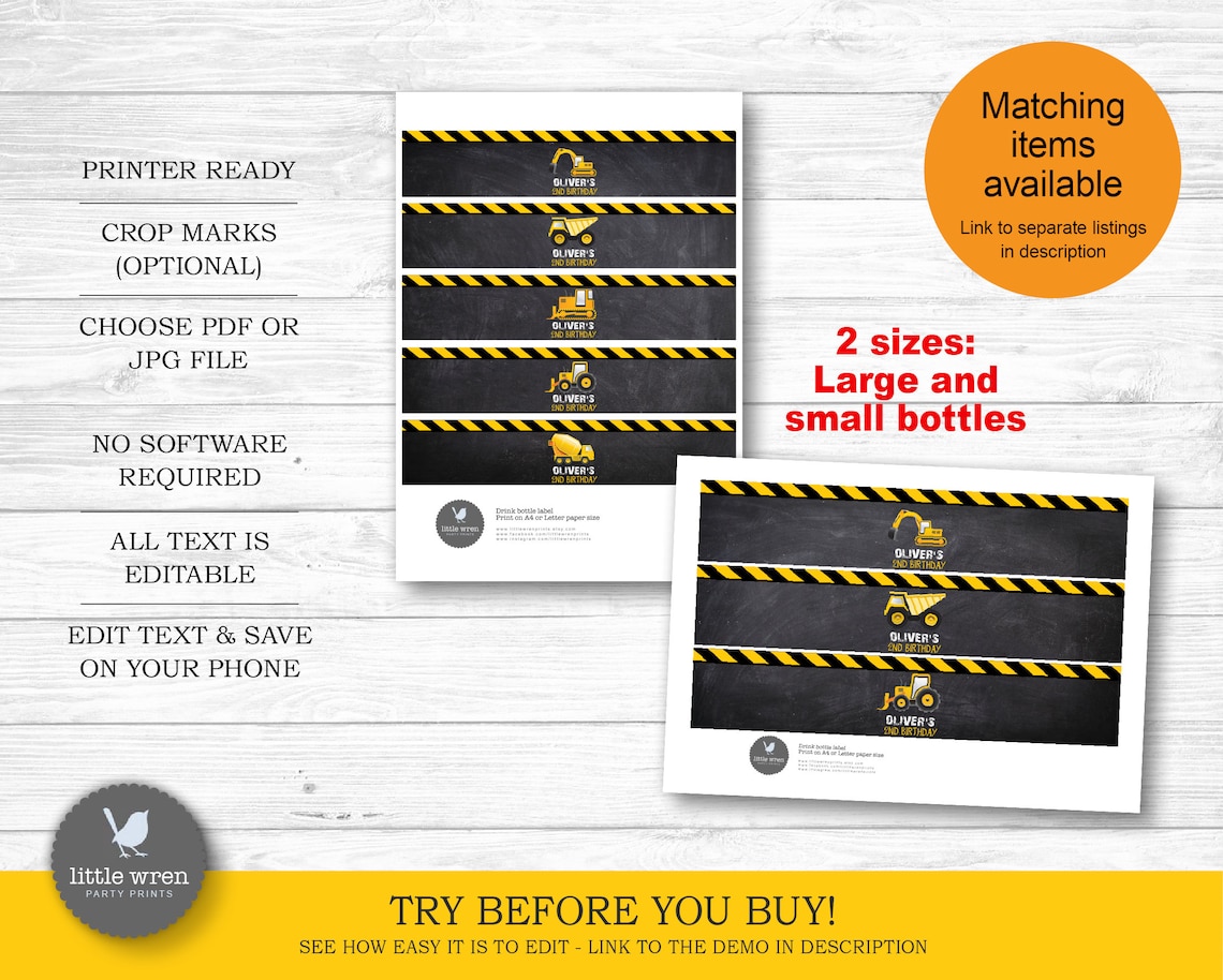 Construction Party Water Bottle Labels INSTANT DOWNLOAD - Etsy