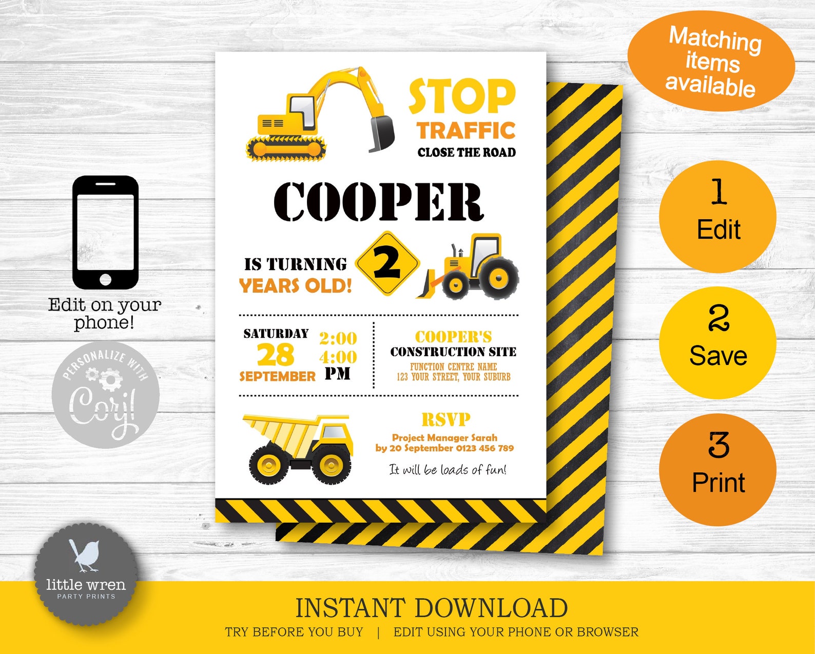 Construction Party Invitation INSTANT DOWNLOAD Invite | Etsy