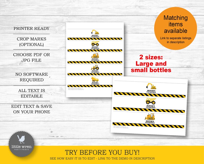 Construction Water Bottle Labels, INSTANT DOWNLOAD, Construction ...