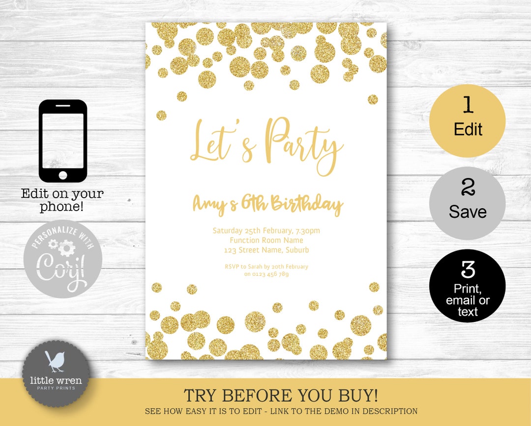 Gold White Party Invitation, INSTANT DOWNLOAD, Digital Invite, Gold ...