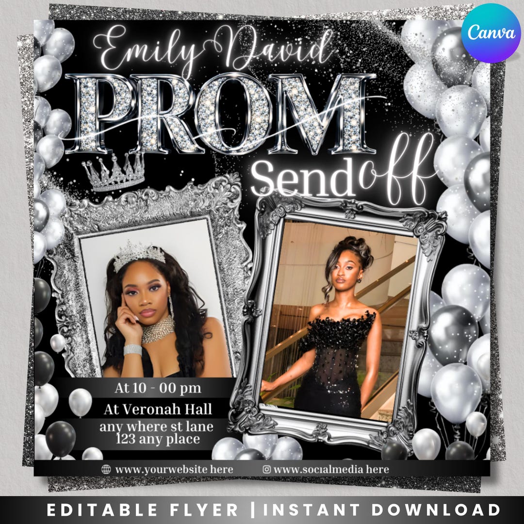 Prom Send off Party Flyer | Editable Canva Template | Glamorous Black ...