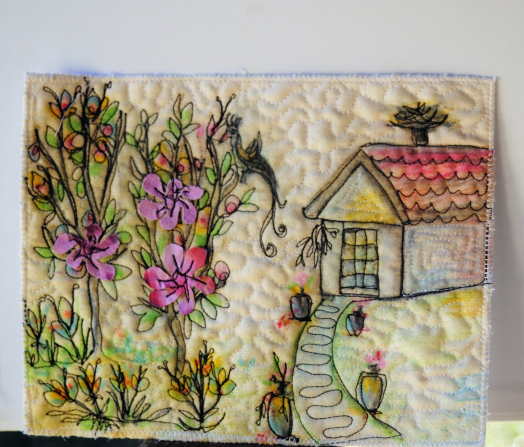 Flowery Still Life- Wall Art Quilt, Small Wall Hanging, Landscape Fiber ...