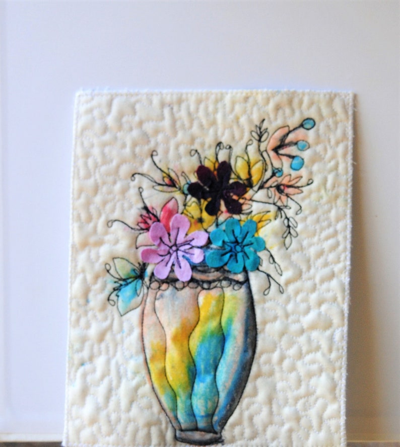 Flowery Still Life- Wall Art Quilt, Small Wall Hanging, Landscape Fiber ...