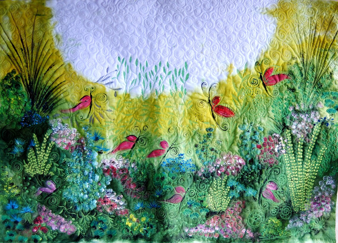 Wall Art Quilt- Hand Dyed and Hand Painted Quilted Flowery Field With ...