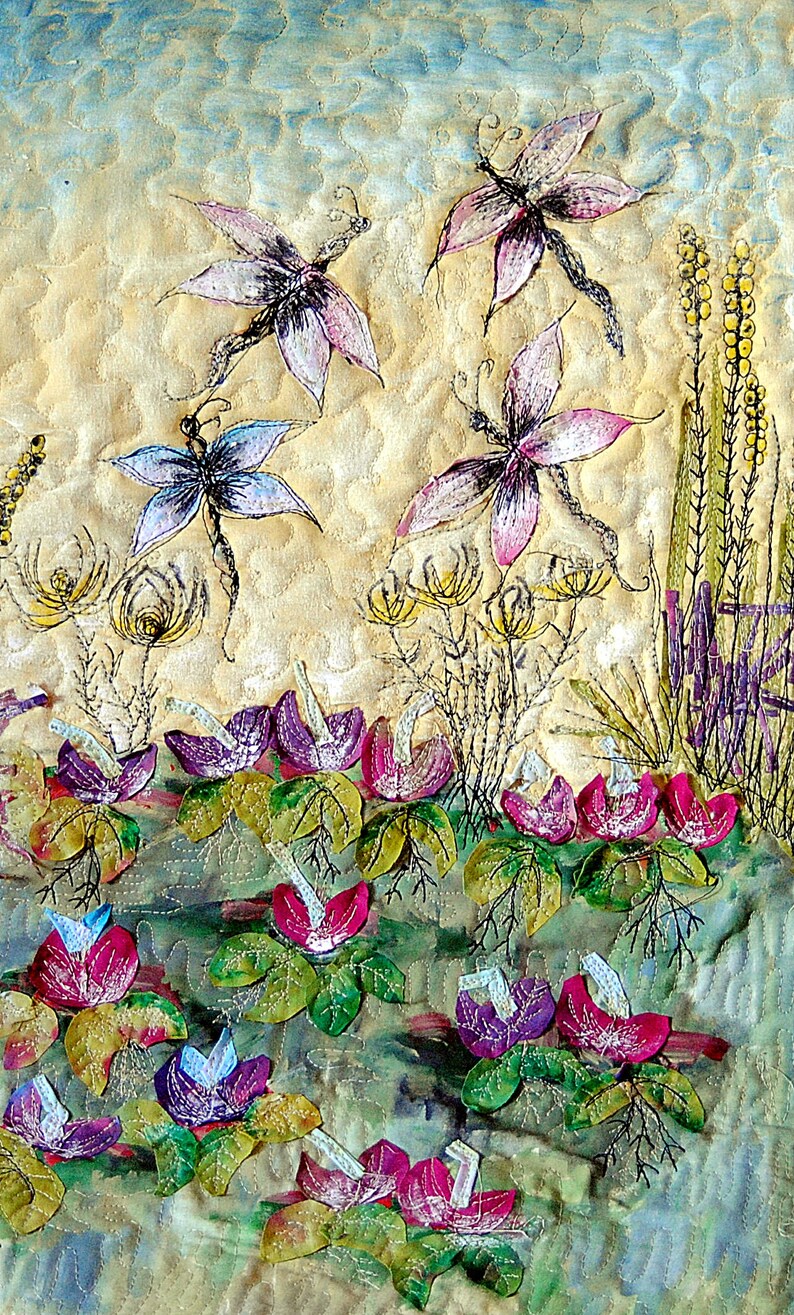 Waterlilly-lillyponds, Dragonflies Mixed Media Wall Fiber Art- Garden ...