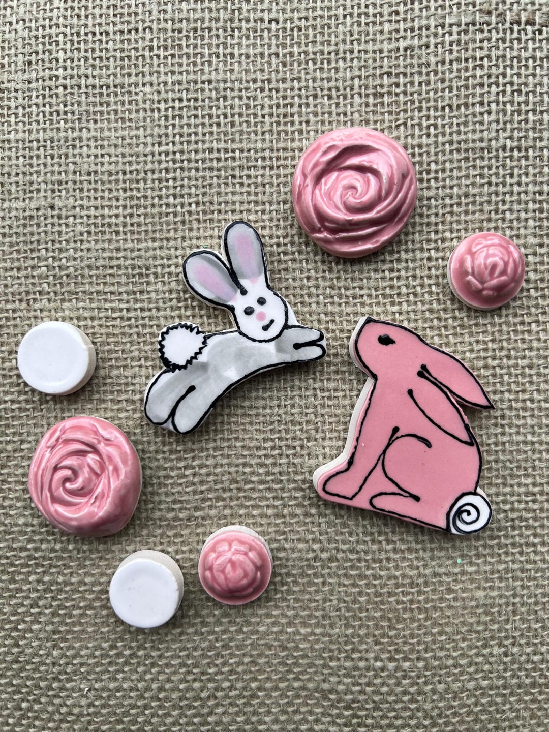Handcut Pink & Grey Bunny Tiles, 8-piece Set, Dots - Etsy