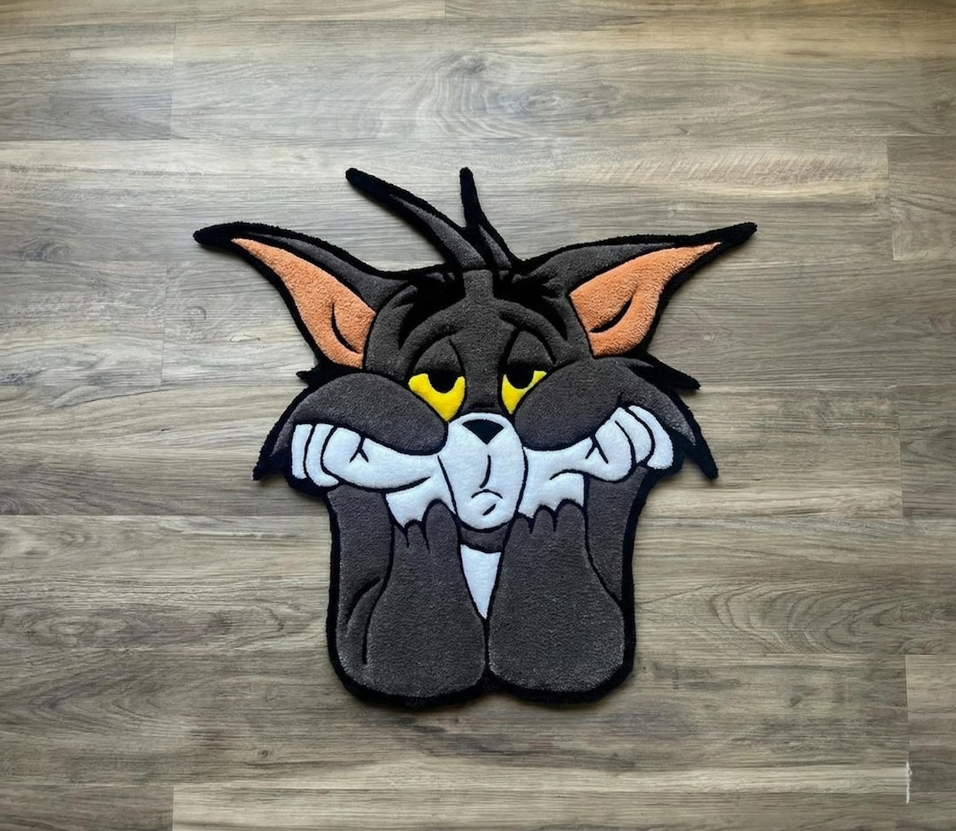 Custom Cartoon Cat Tufted Rug • Handmade Grey Cat Carpet • Kids Room ...