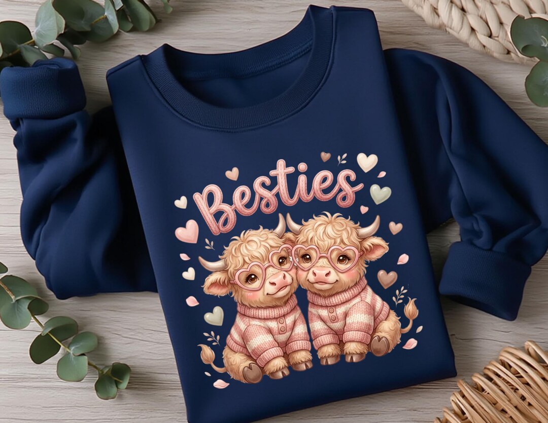 Besties Highland Cow PNG – Valentine Friends, Heart Glasses (digital ...