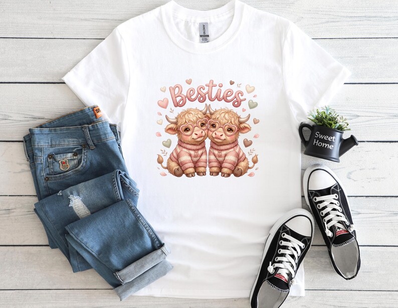Besties Highland Cow PNG – Valentine Friends, Heart Glasses (digital ...