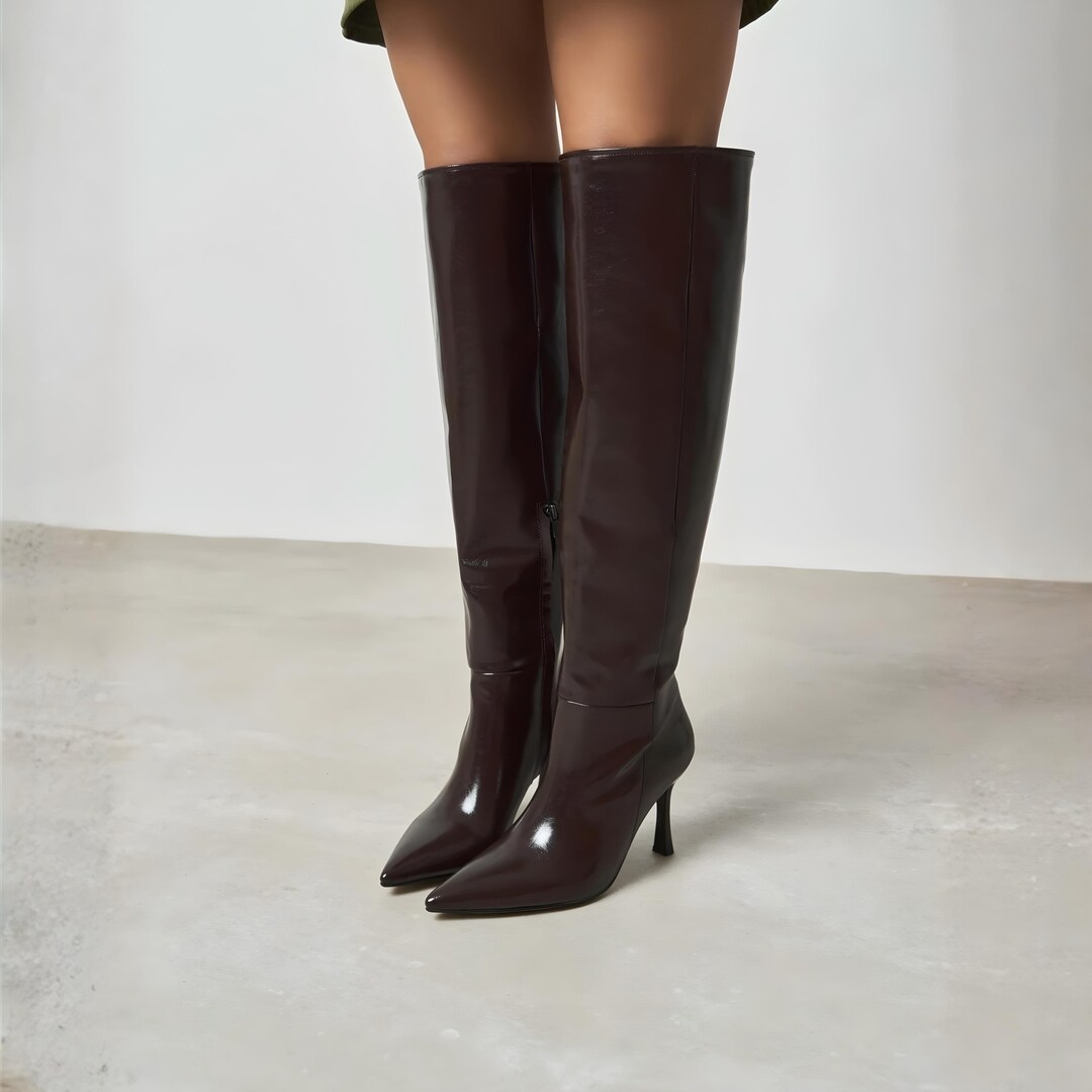 Brown Leather Pointed Toe Knee High Boots | Women's High Heeled Tall ...