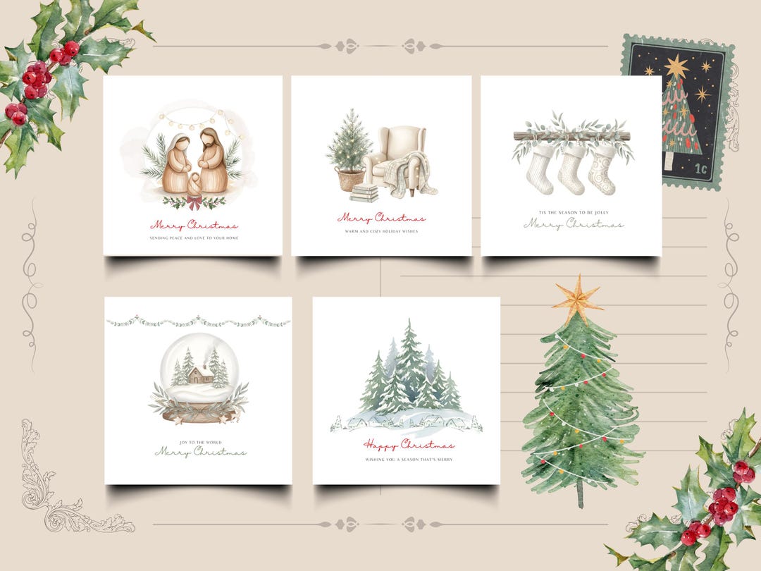 Printable Christmas Cards Bundle, Cosy Minimalist | Set of 5 Printable ...