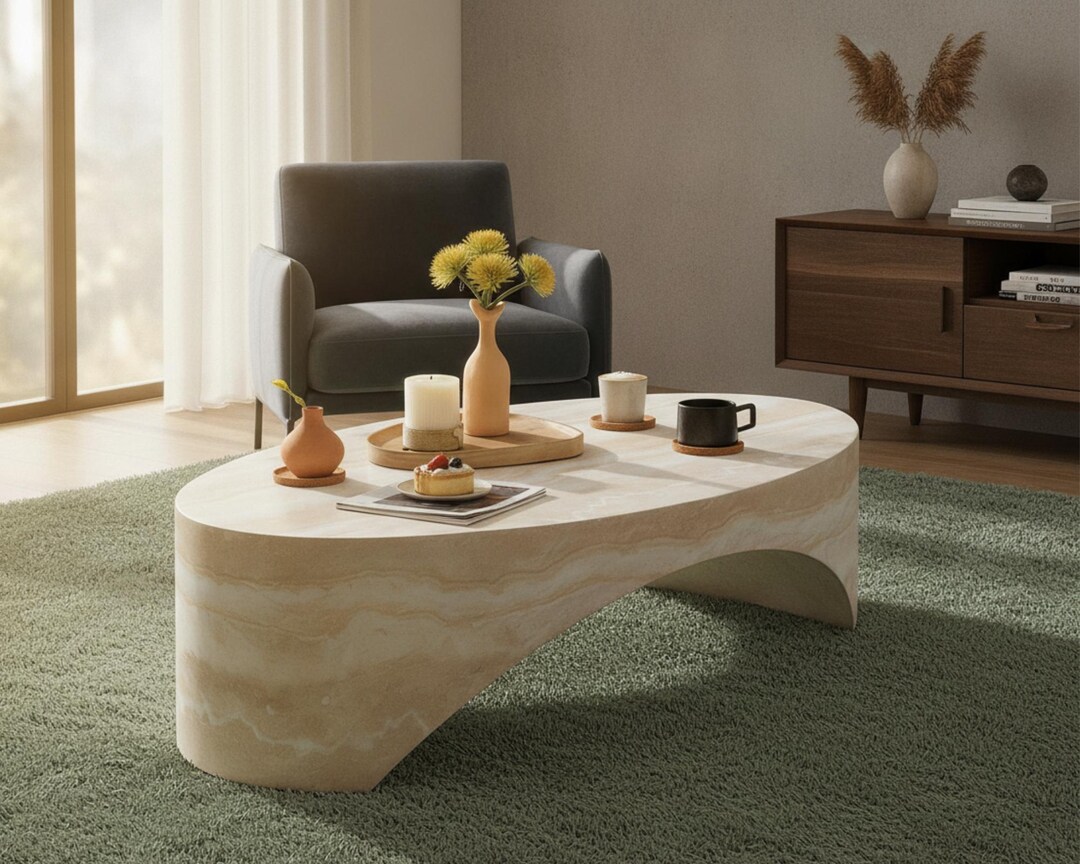 Oval Faux Travertine Coffee Table, Modern Minimalist Accent Table - Etsy