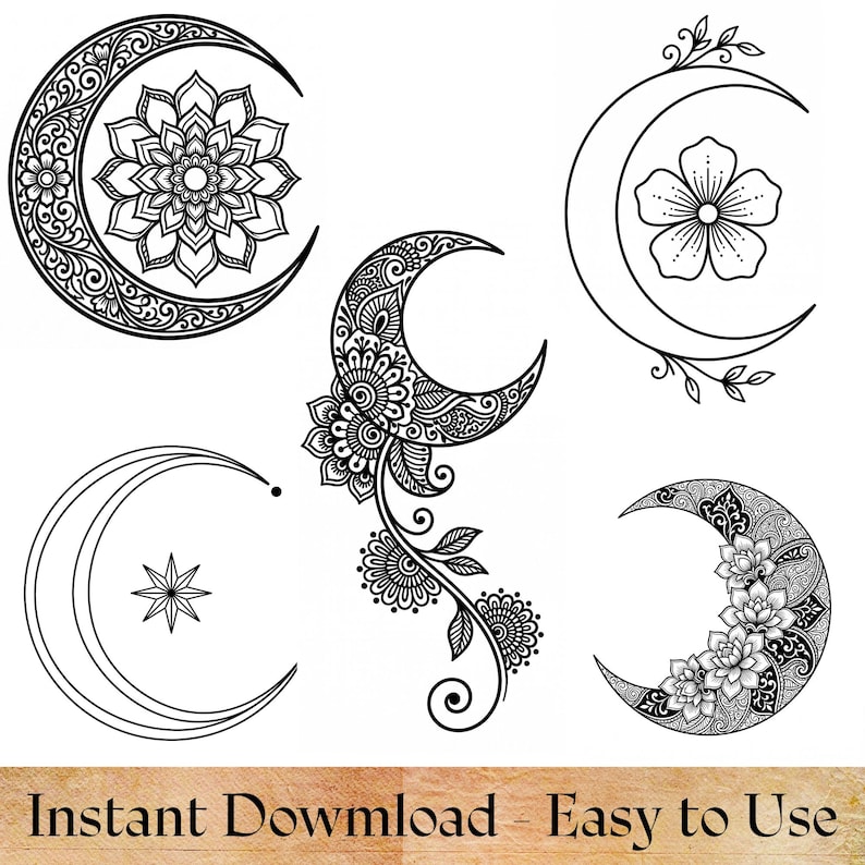 Celestial Moon Bundle 25+ Designs | Mehndi Floral Moon | Henna Tattoo ...