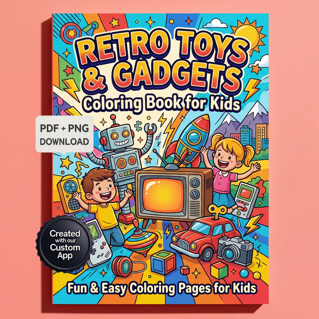 Retro Toys Coloring Book PDF + PNG, Vintage Gadgets Printable, Kids ...