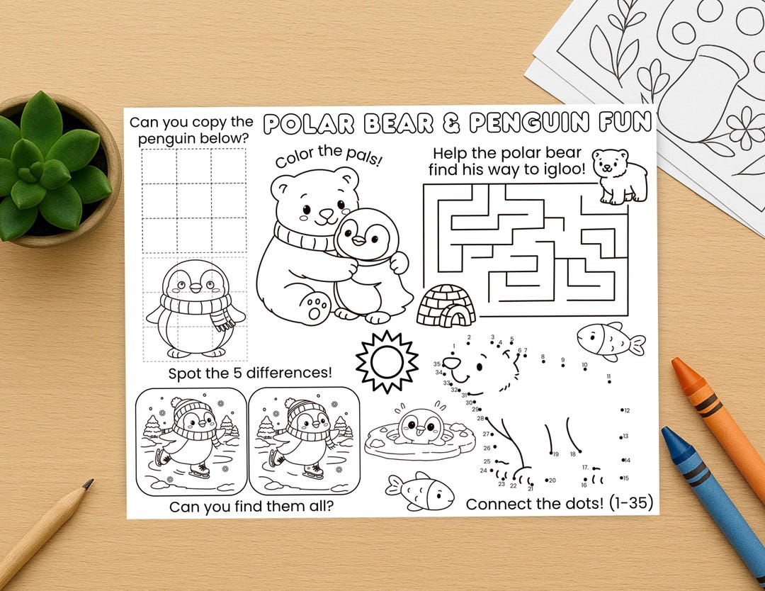 Kids Activity Placemat Printable – Polar Bear & Penguin Winter Games ...