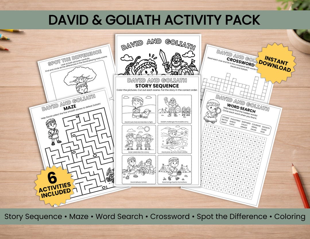 David and Goliath Printable Bible Activity Pack for Kids, Sunday School ...