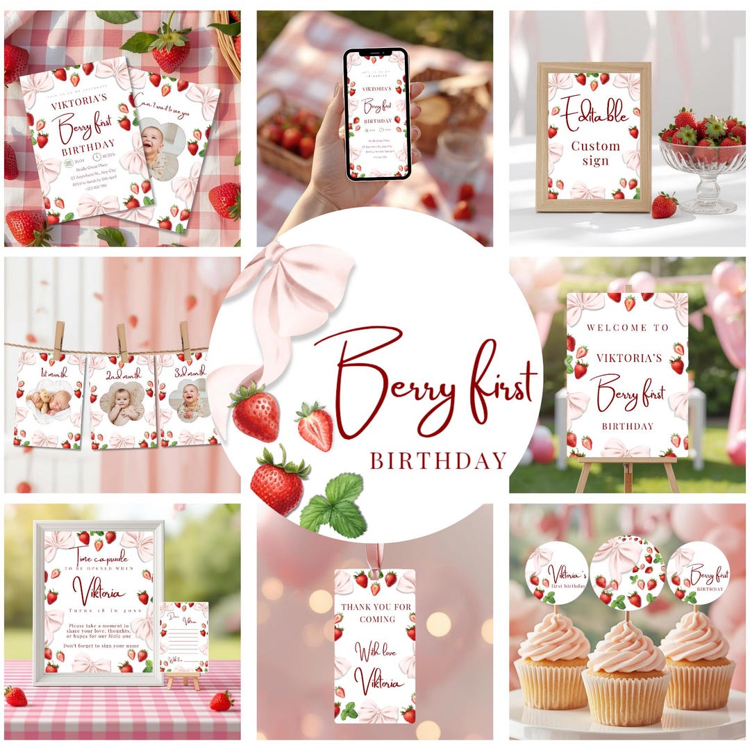 Berry First Birthday Bundle Template, Strawberry 1st Birthday Girl ...