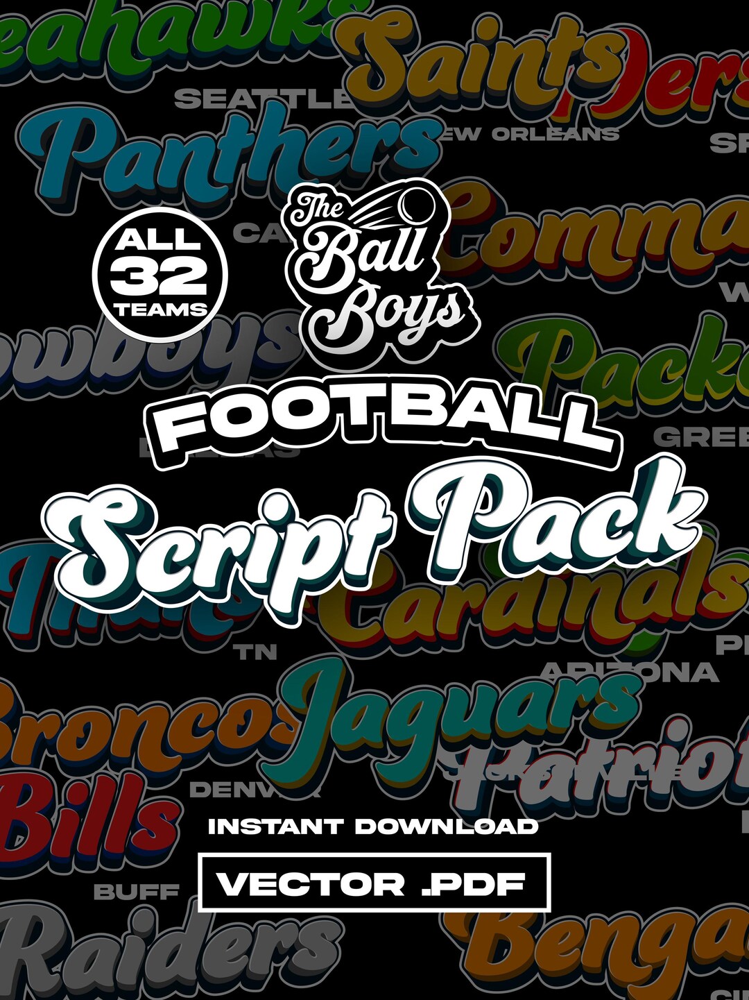 Football Script Clip Art Pack – All 32 Teams Retro Bubble Lettering ...