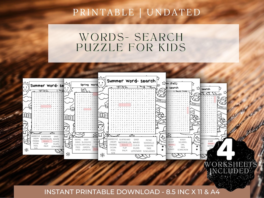 Word Search for Kids Printable | Seasonal Puzzle Worksheets | Instant ...