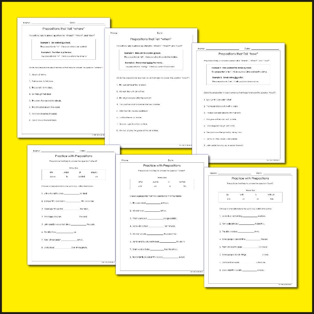 Practice With Prepositions 6 Worksheets Grades 1 2 Where-when-how CCSS ...