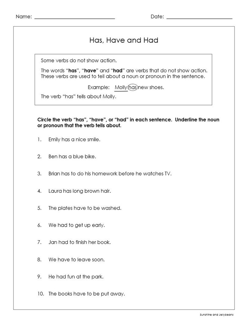 Verbs Practice - "has", "have", "had" - 3 Worksheets - Grades 1 - 2 ...