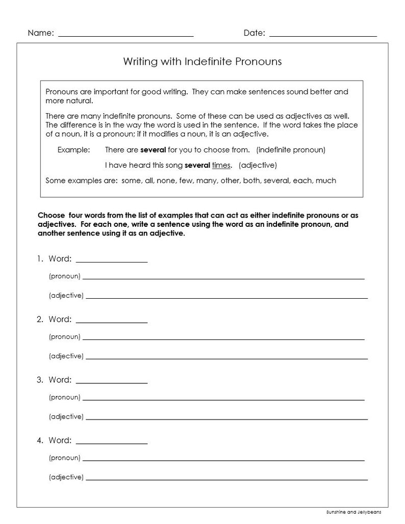 Possessive and Indefinite Pronouns - 4 Worksheets - Grades 4-5-6 ...