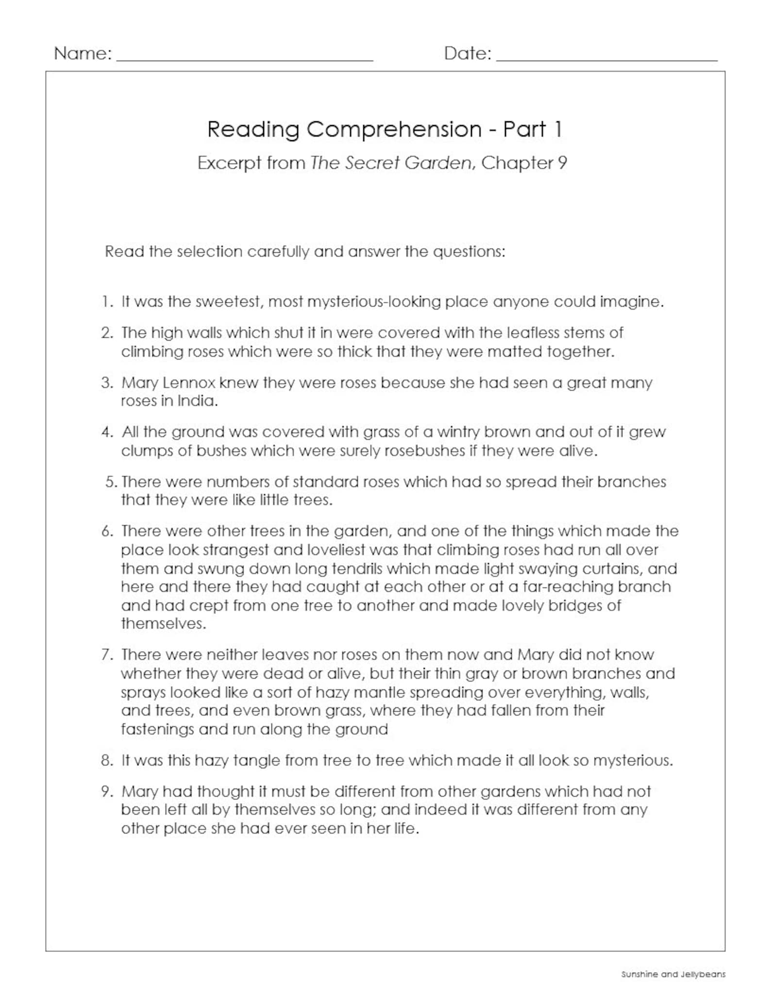 Reading Comprehension - "the Secret Garden" Excerpts - 6 Worksheets ...