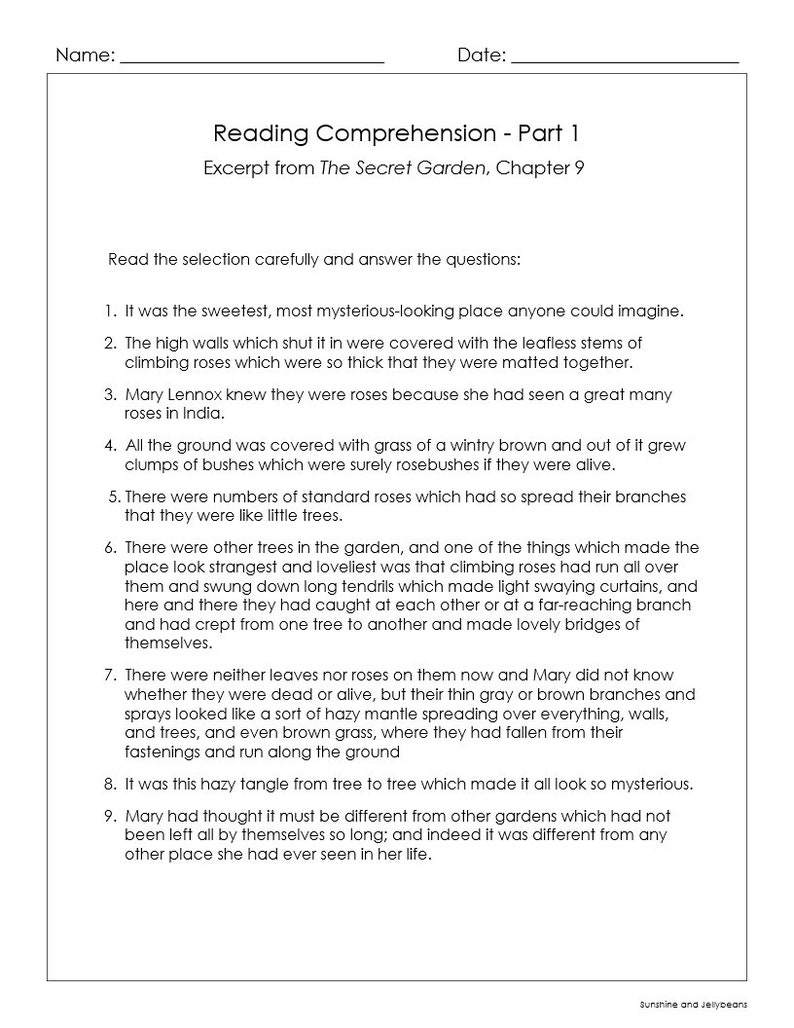 Reading Comprehension - "the Secret Garden" Excerpts - 6 Worksheets ...