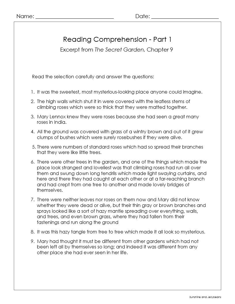 Reading Comprehension - "the Secret Garden" Excerpts - 6 Worksheets ...