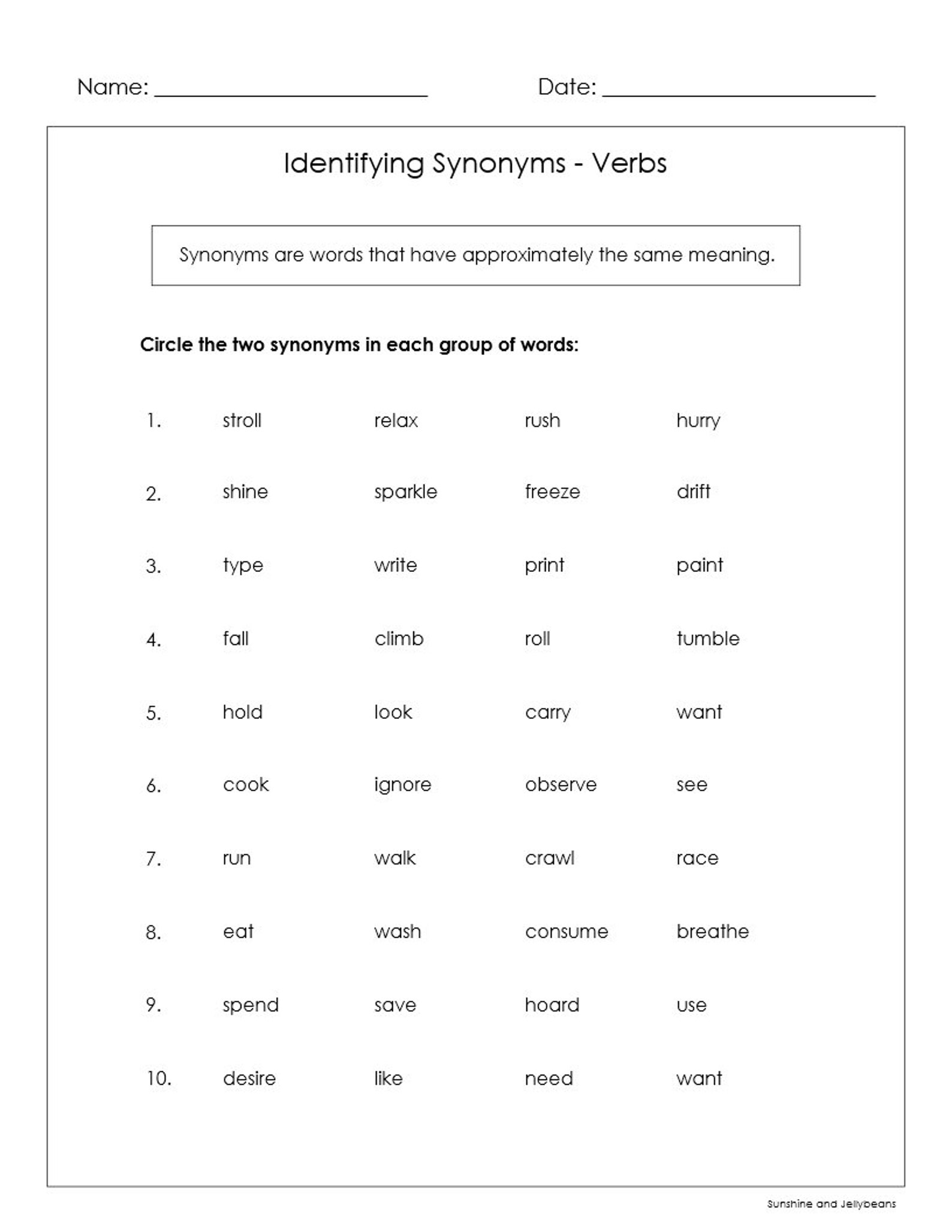 Synonyms - Adjectives, Verbs, Nouns, Adverbs - 9 Worksheets - Grades 4 ...