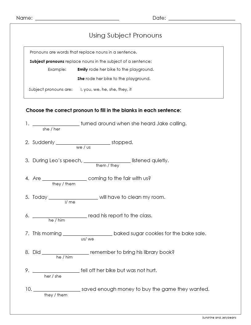 Subject and Object Pronouns - 3 Worksheets - Grades 3-4 - With ...