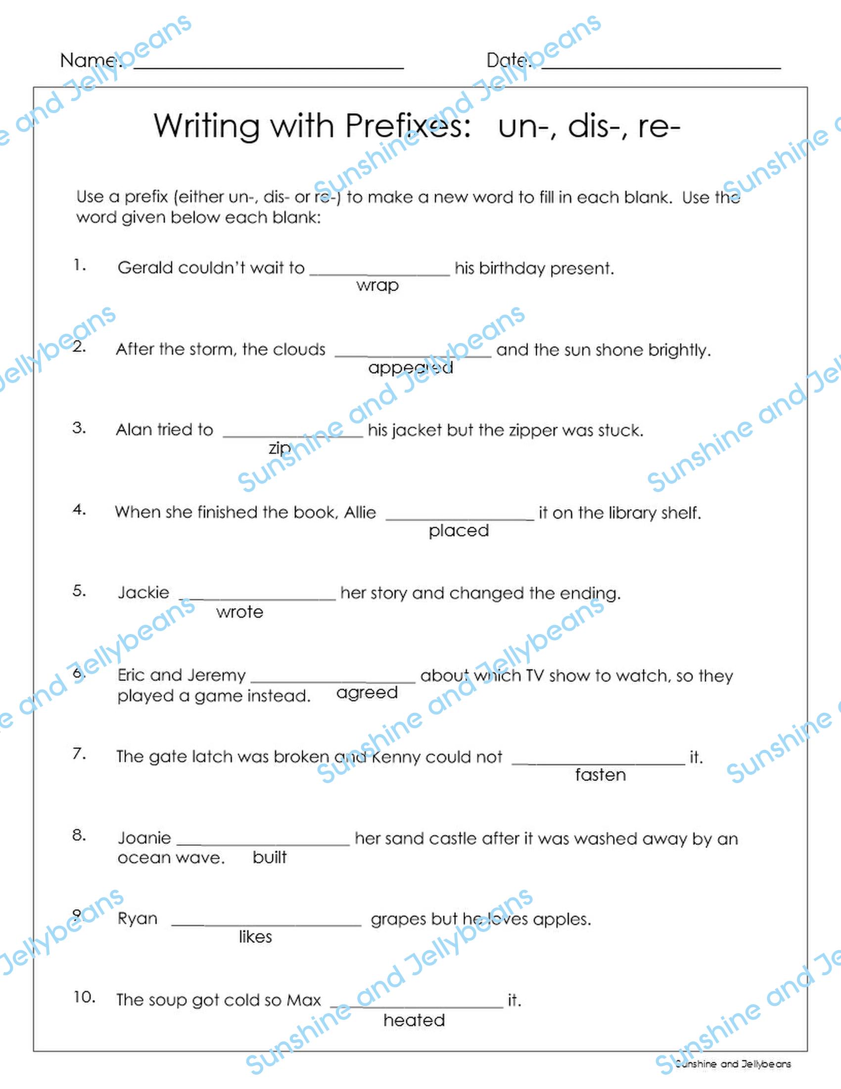 Prefixes Un- Dis- Re- Grammar Vocabulary Writing Skills No-prep ...